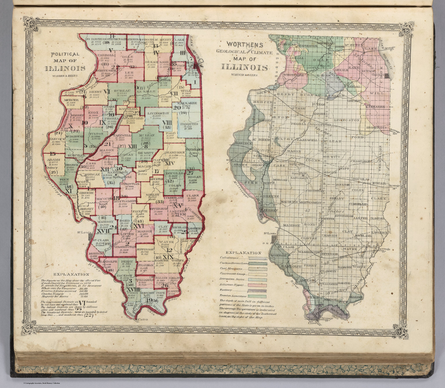 Political Map of Illinois. Worthen's Geological and Climate Map of ...