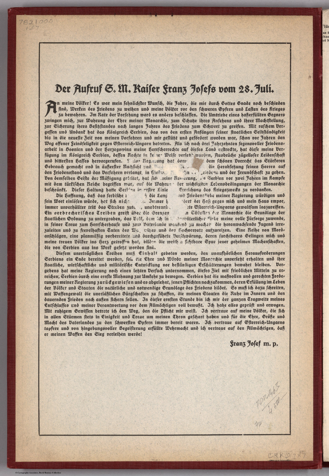 Text: The Call of G.M. Emperor (Kaiser) Franz Joseph of July 28th, 1915 ...