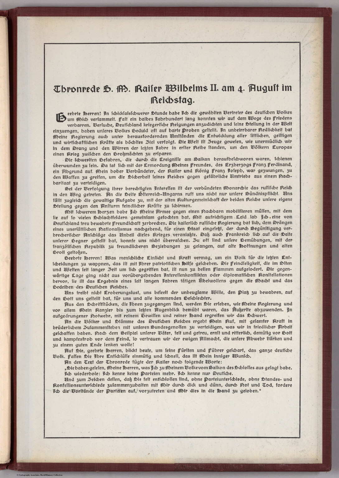 Text: Speech from the Throne G.M. Emperor (Kaiser) Wilhelm II on August ...