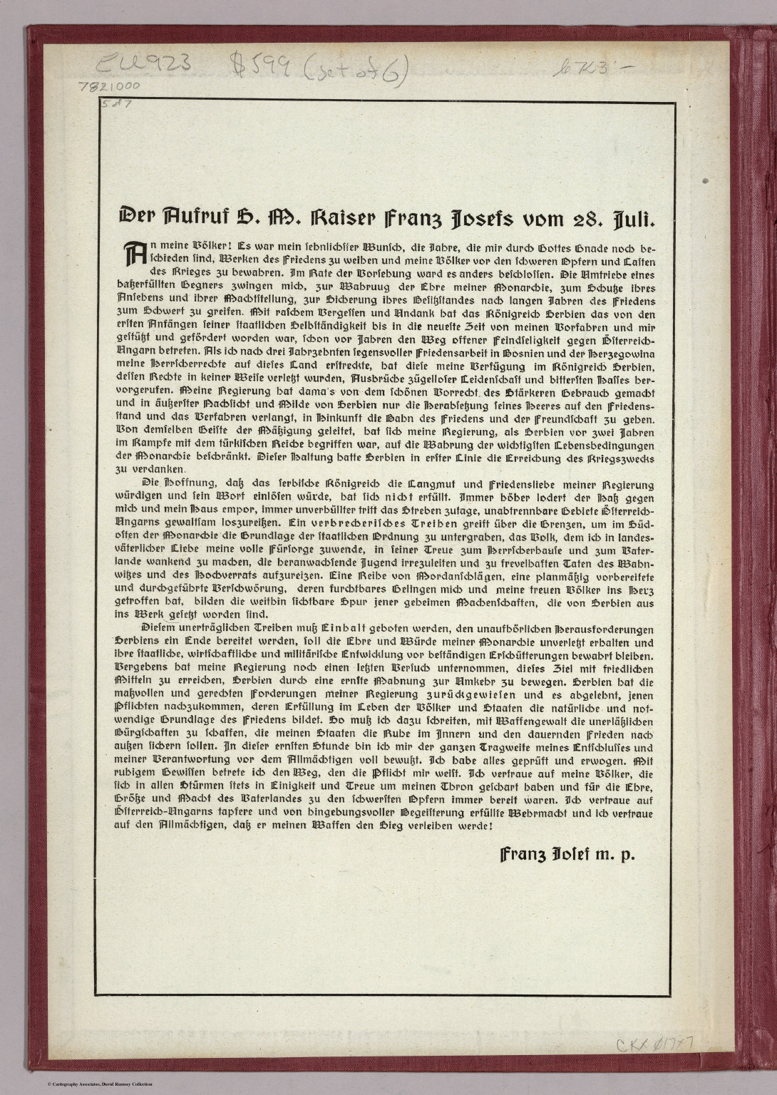 Text: The Call of G.M. Emperor (Kaiser) Franz Joseph of July 28th, 1915 ...