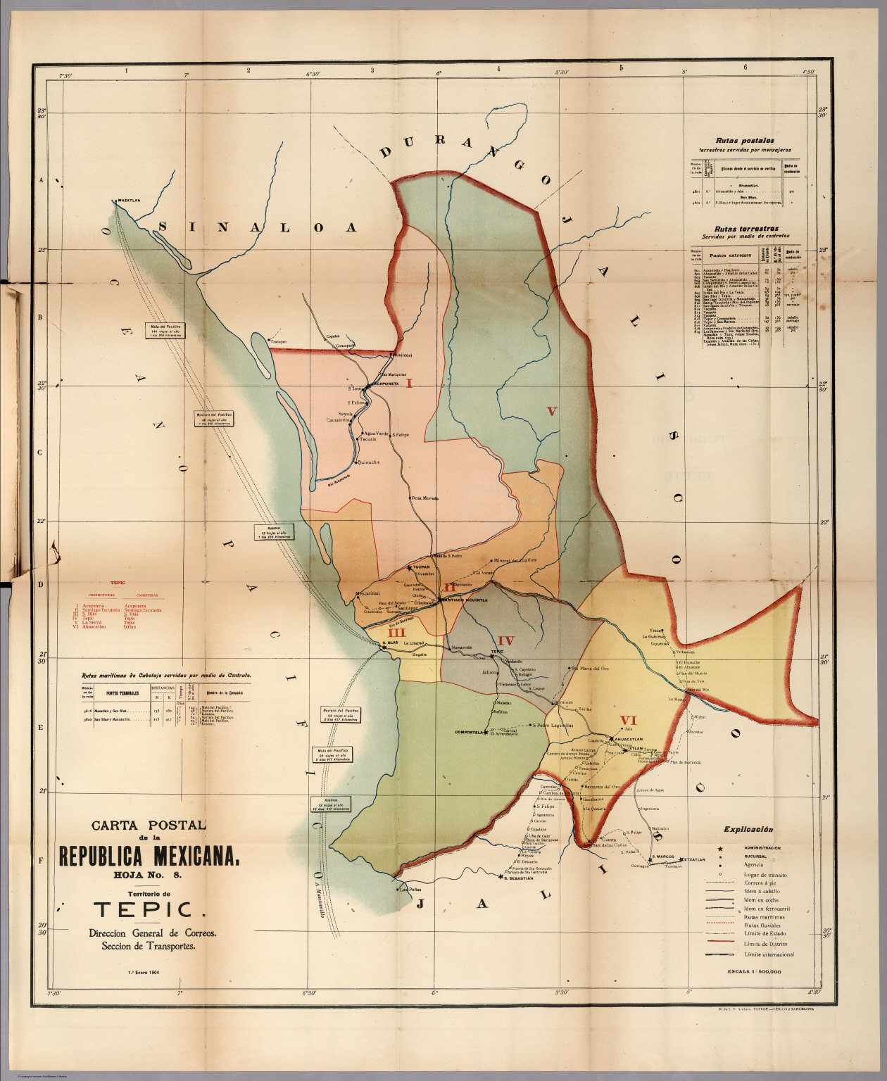 Carta Postal de la Republica Mexicana. Hoja No. 8. Estado de Tepic ...