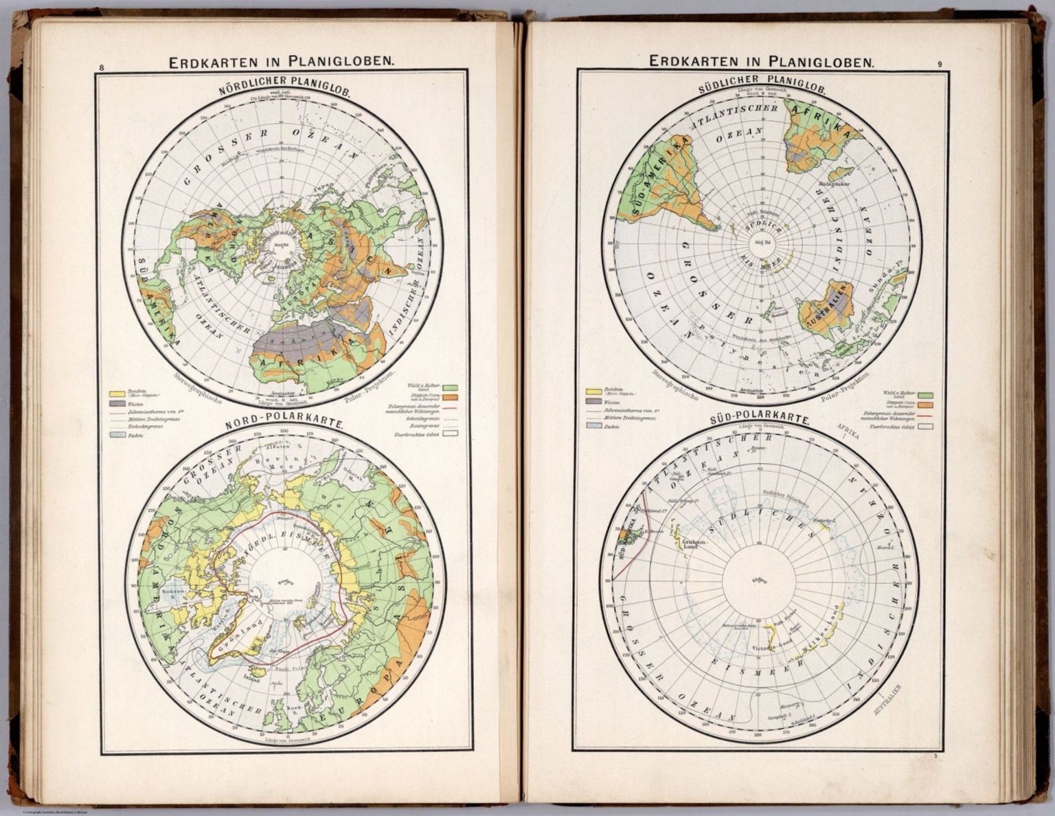 Erdkarten in Planigloben. Nordlicher planiglob. Sudlicher Planiglob ...