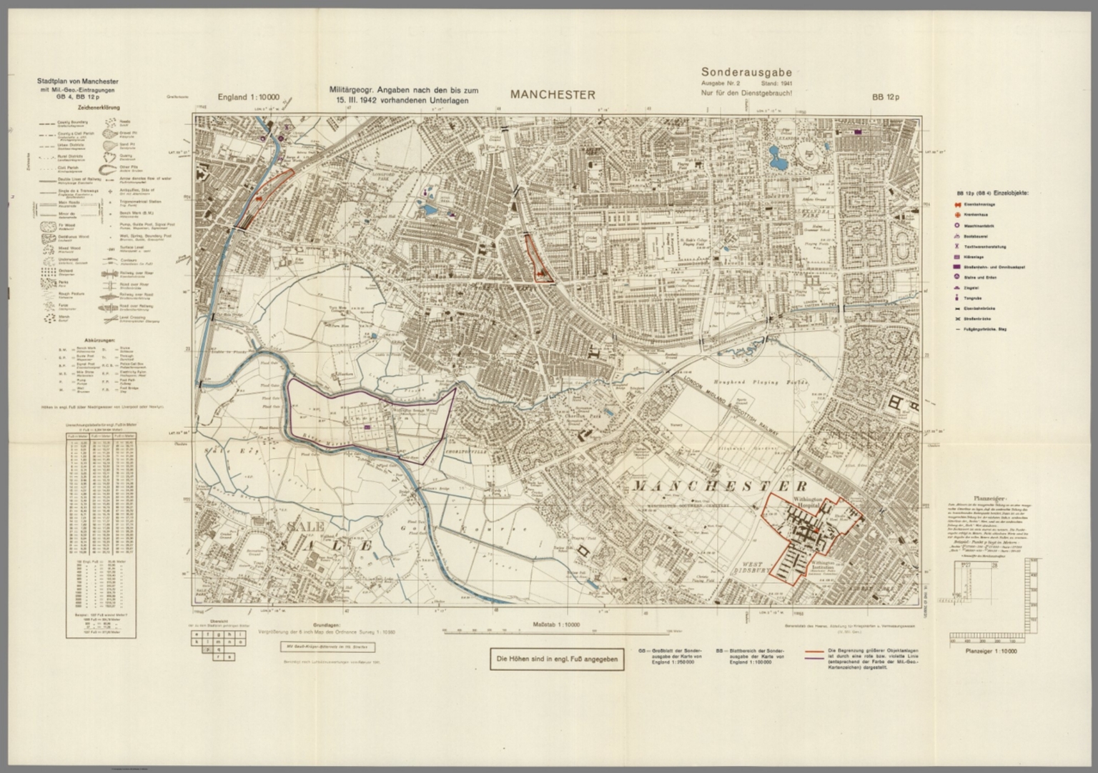Street Map of Manchester, England with Military-Geographic Features. BB ...