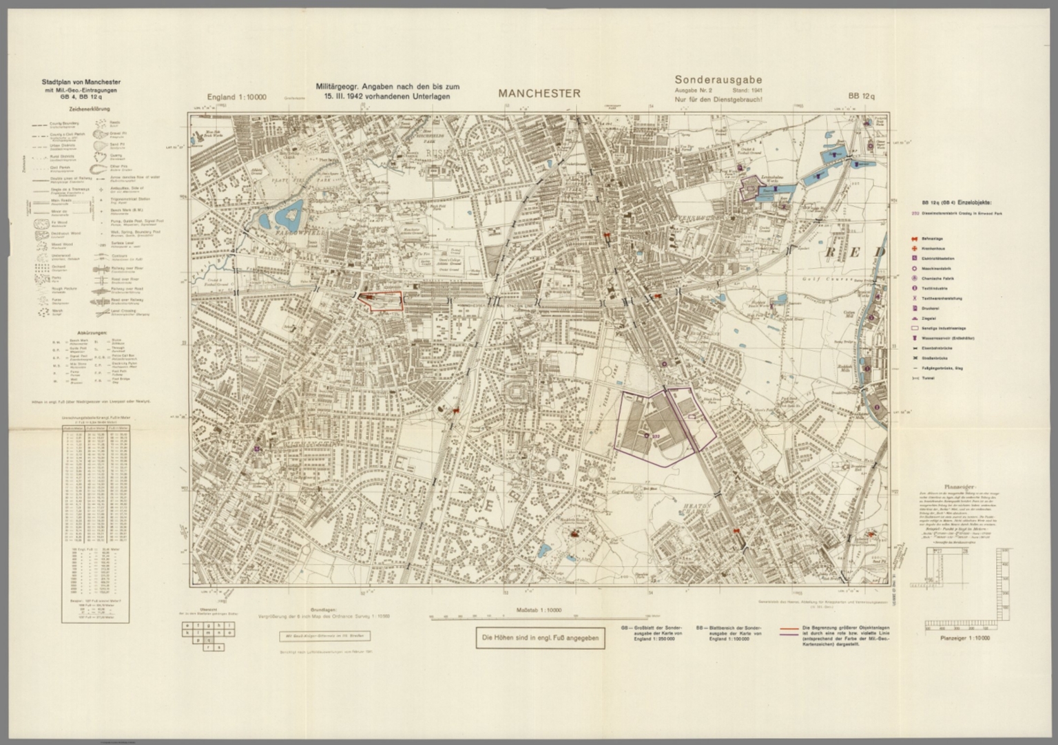 Street Map of Manchester, England with Military-Geographic Features. BB ...