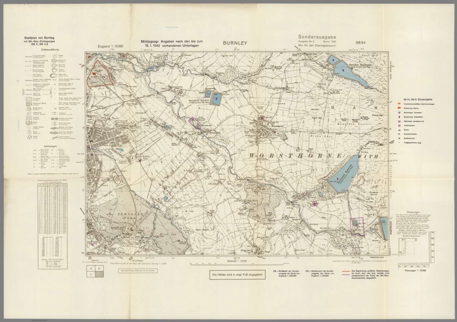 Street Map of Burnley, England with Military-Geographic Features. BB 9d ...