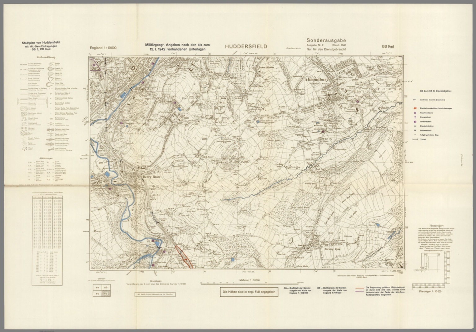 Street Map of Huddersfield, England with Military-Geographic Features ...