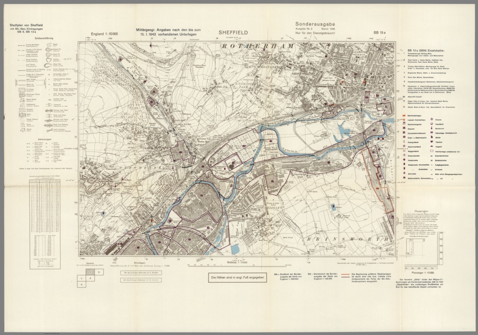 Street Map of Sheffield, England with Military-Geographic Features. BB ...