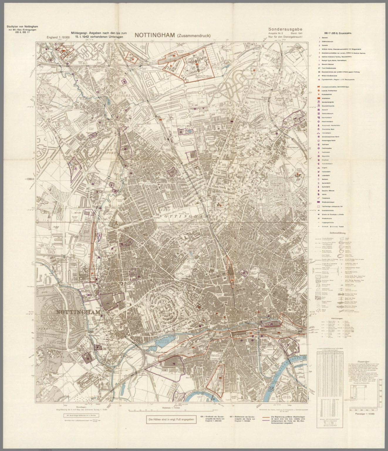 Street Map of Nottingham, England with Military-Geographic Features. BB ...