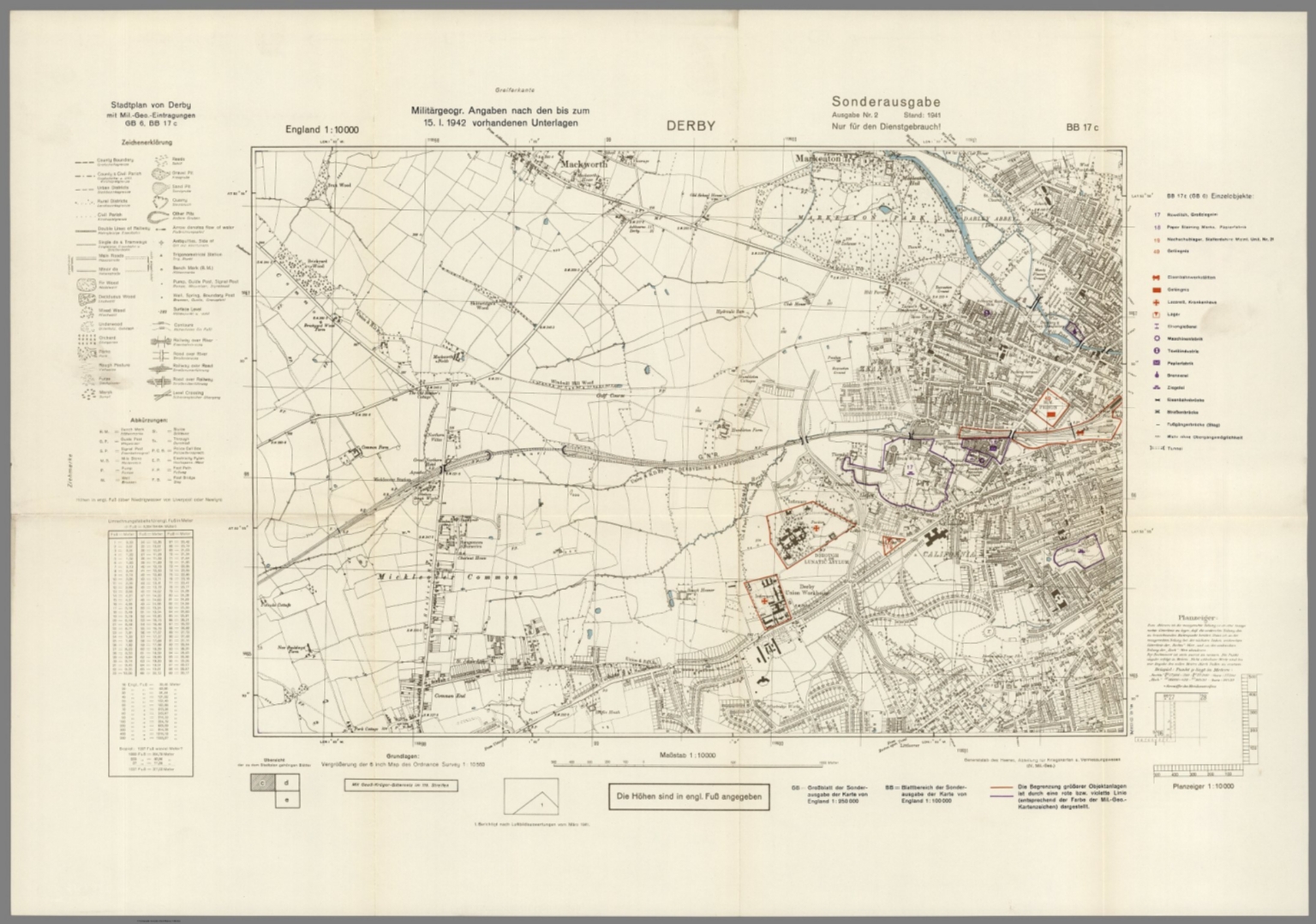 Street Map of Derby, England with Military-Geographic Features. BB 17c ...