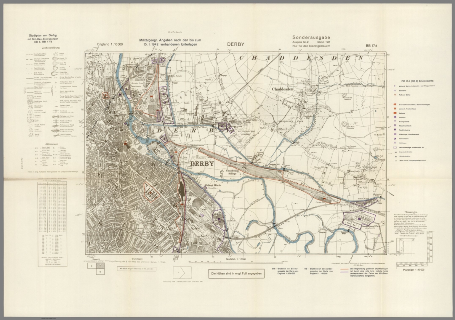 Street Map of Derby, England with Military-Geographic Features. BB 17d ...