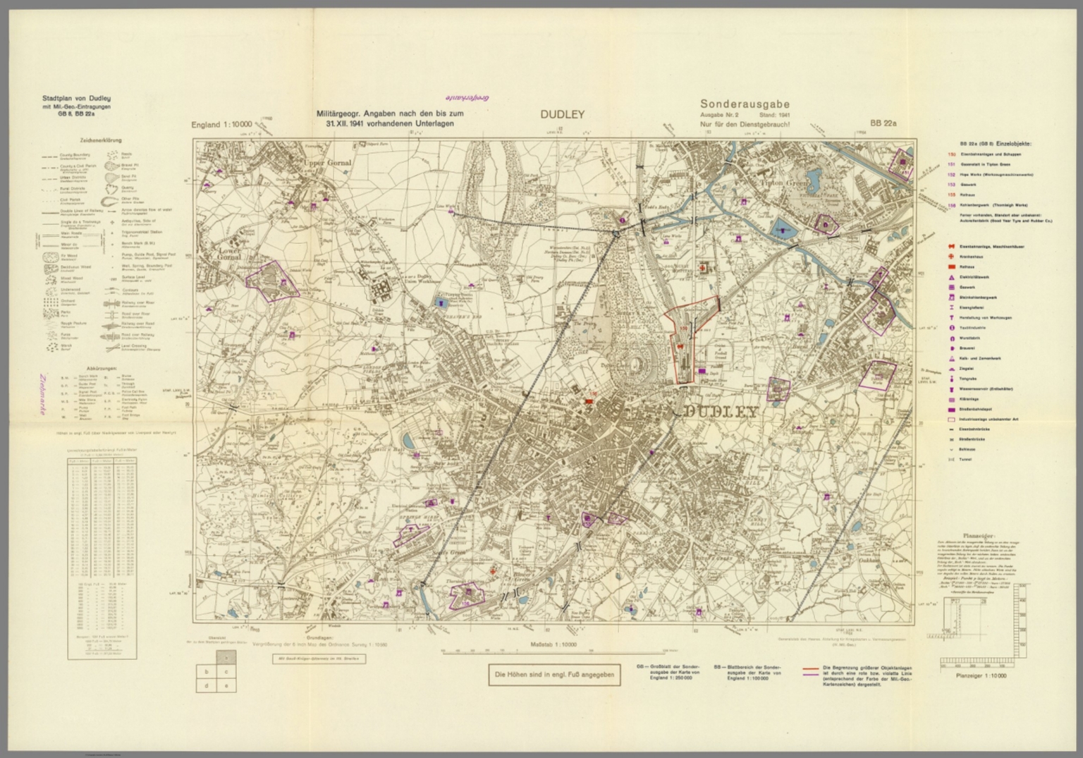 Street Map of Dudley, England with Military-Geographic Features. BB 22a ...