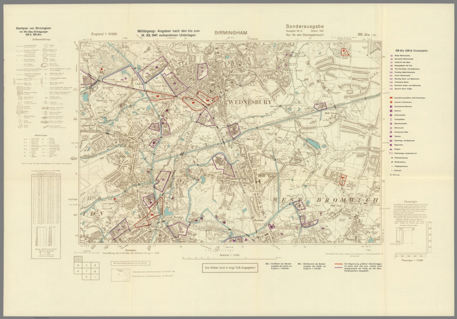 Street Map of Birmingham, England with Military-Geographic Features. BB ...