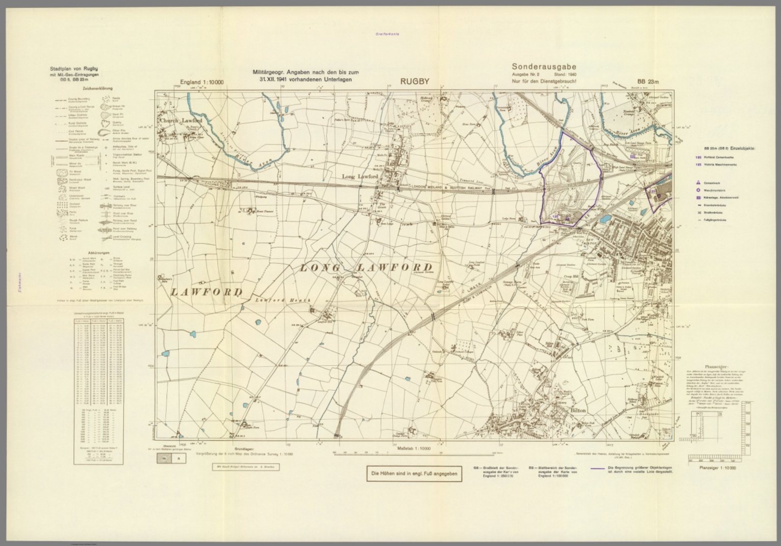 Street Map of Rugby, England with Military-Geographic Features. BB 23m ...