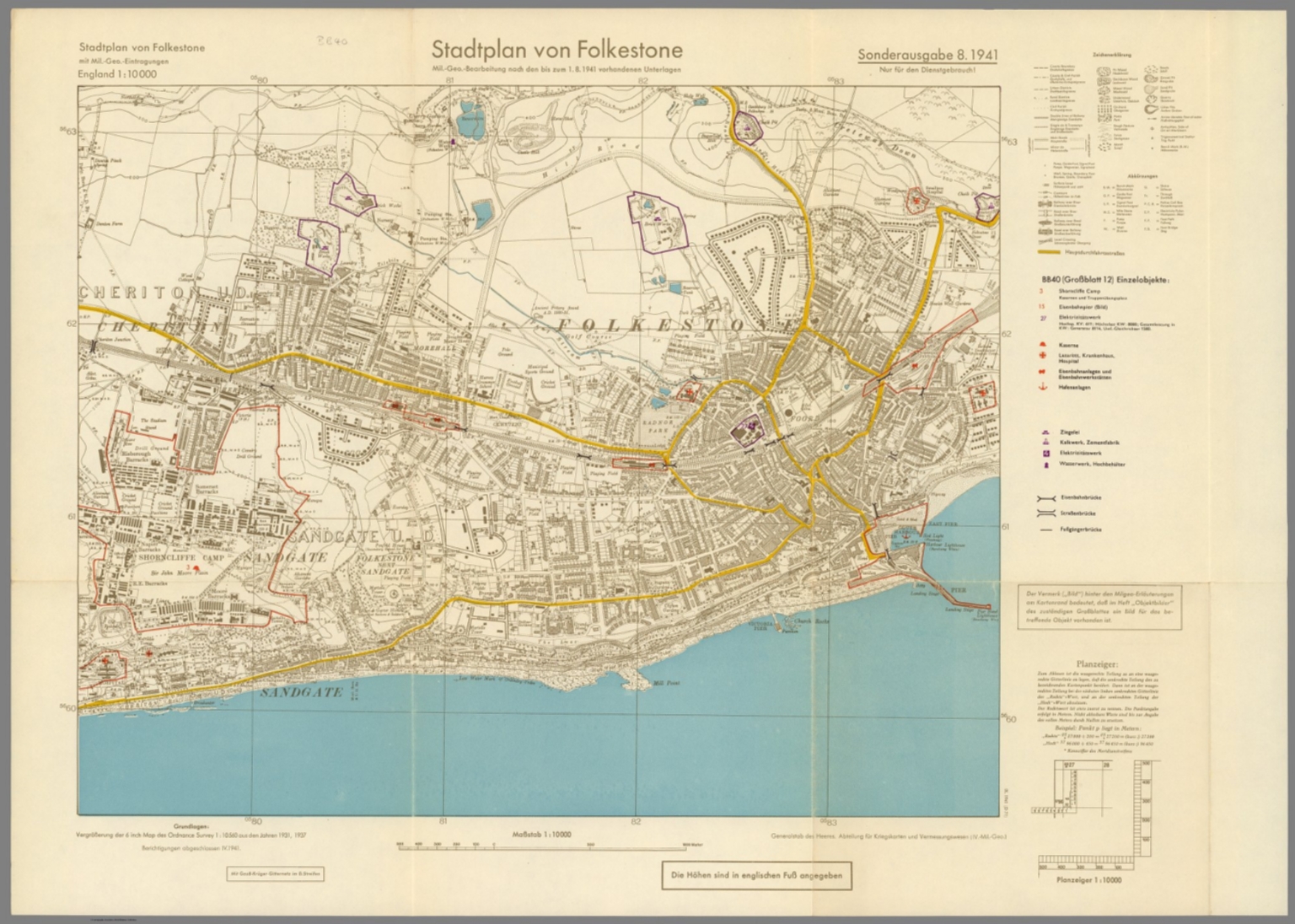 Street Map of Folkestone, England with Military-Geographic Features. BB ...
