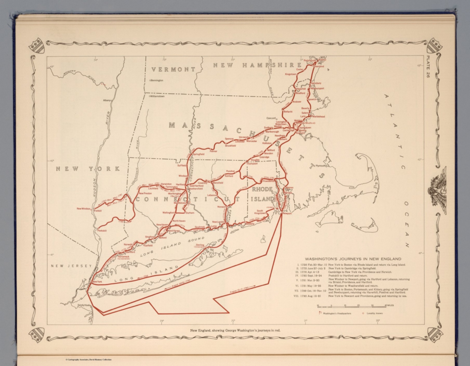 New England, showing George Washington's journeys in red. - David ...