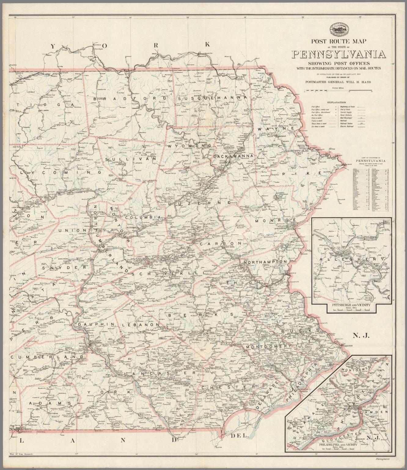 Post Route Map of the State of Pennsylvania (Eastern Sheet) Showing ...