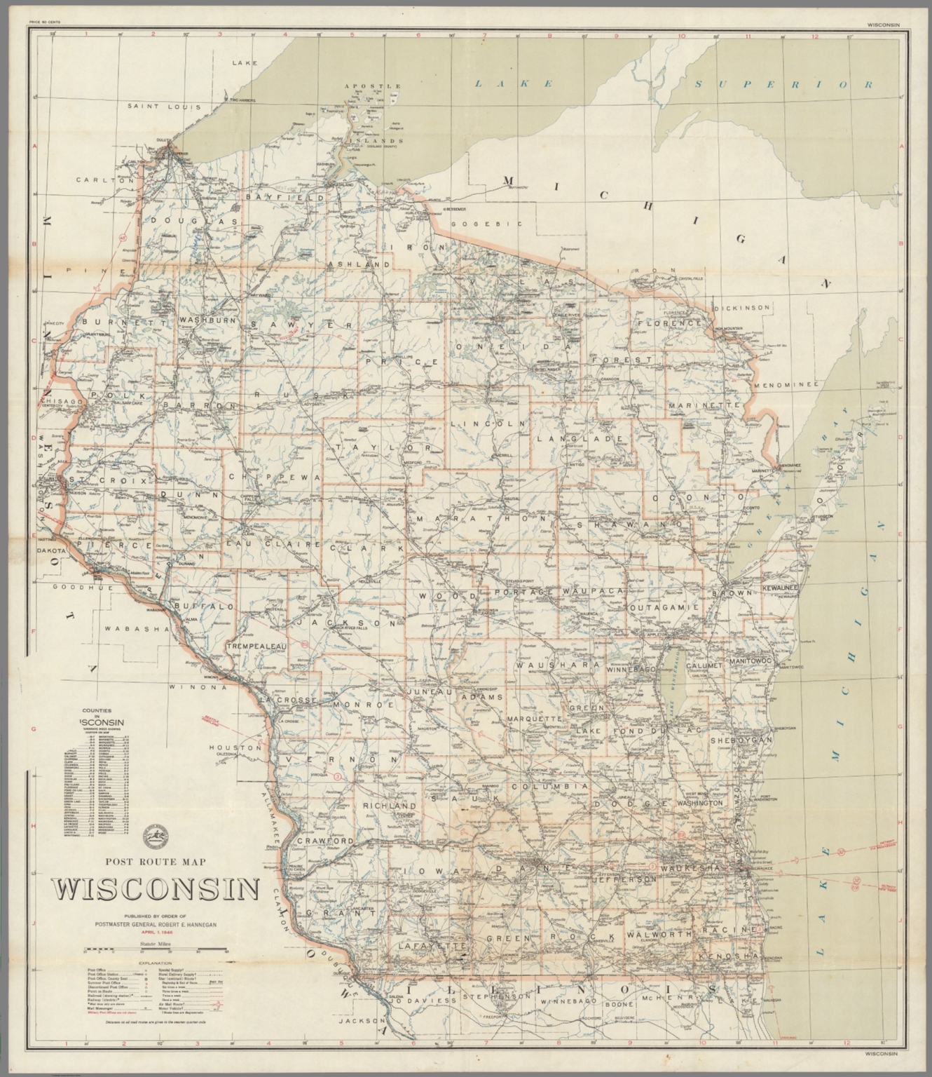 Post Route Map of the State of Wisconsin Showing Post Offices ... April ...