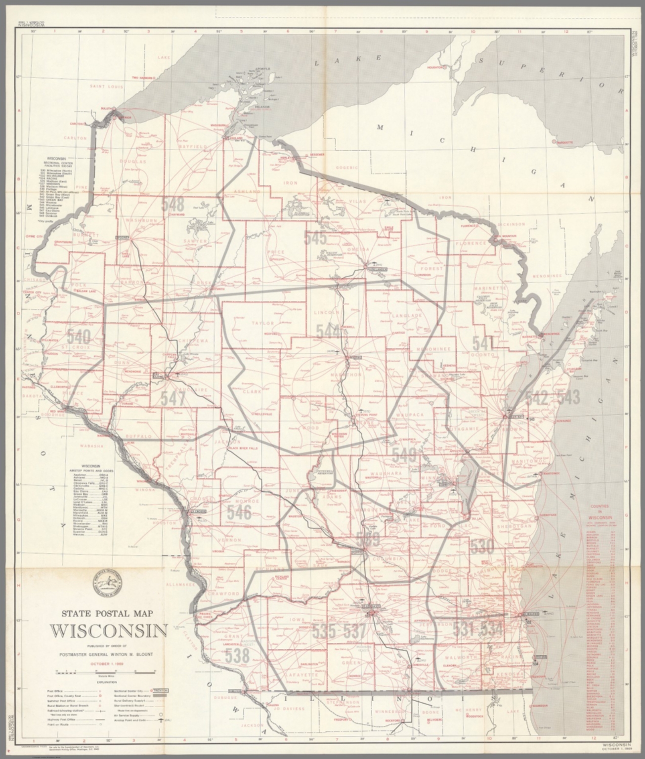 State Postal Map of the State of Wisconsin Showing Post Offices ...