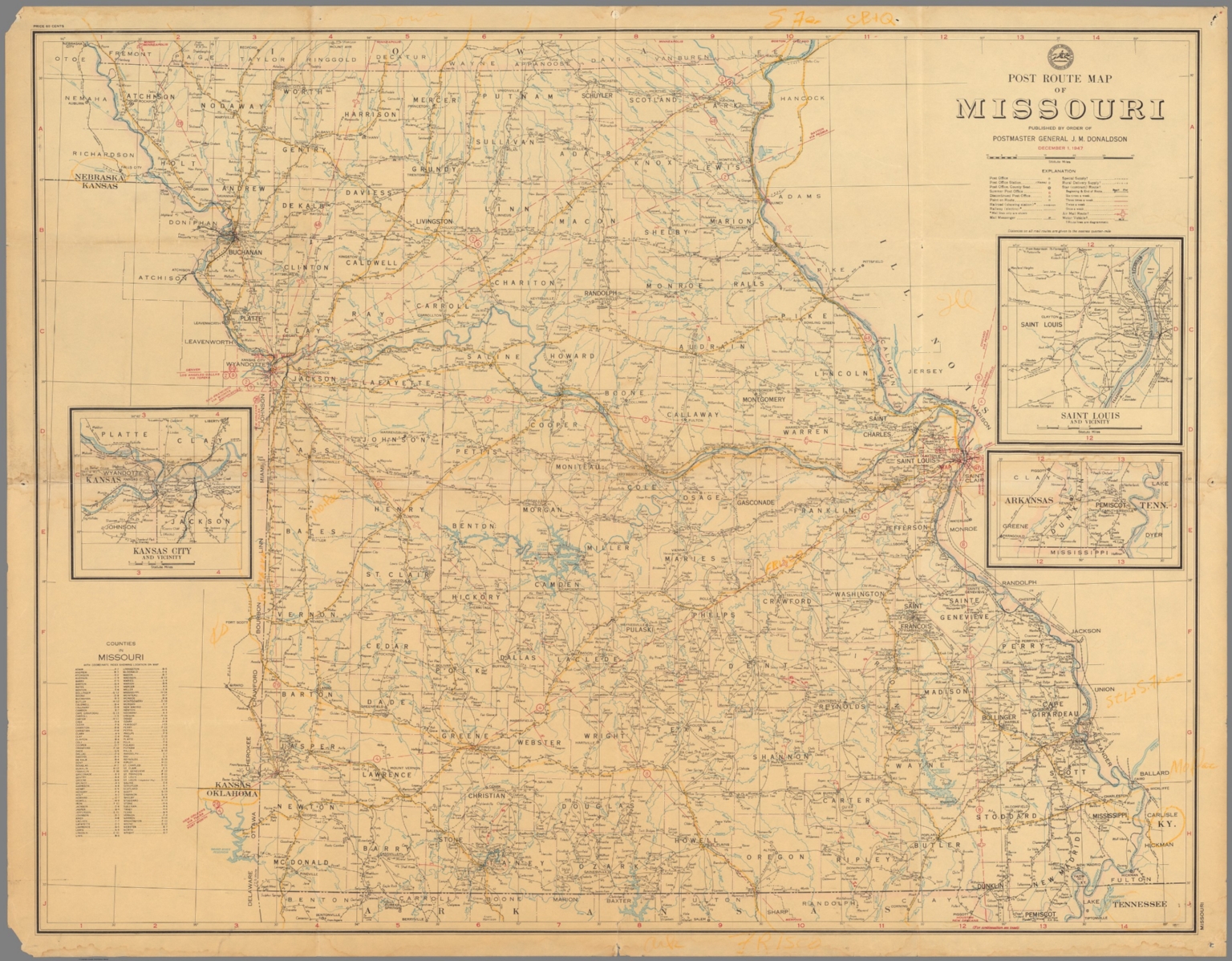 Post Route Map of the State of Missouri Showing Post Offices ...