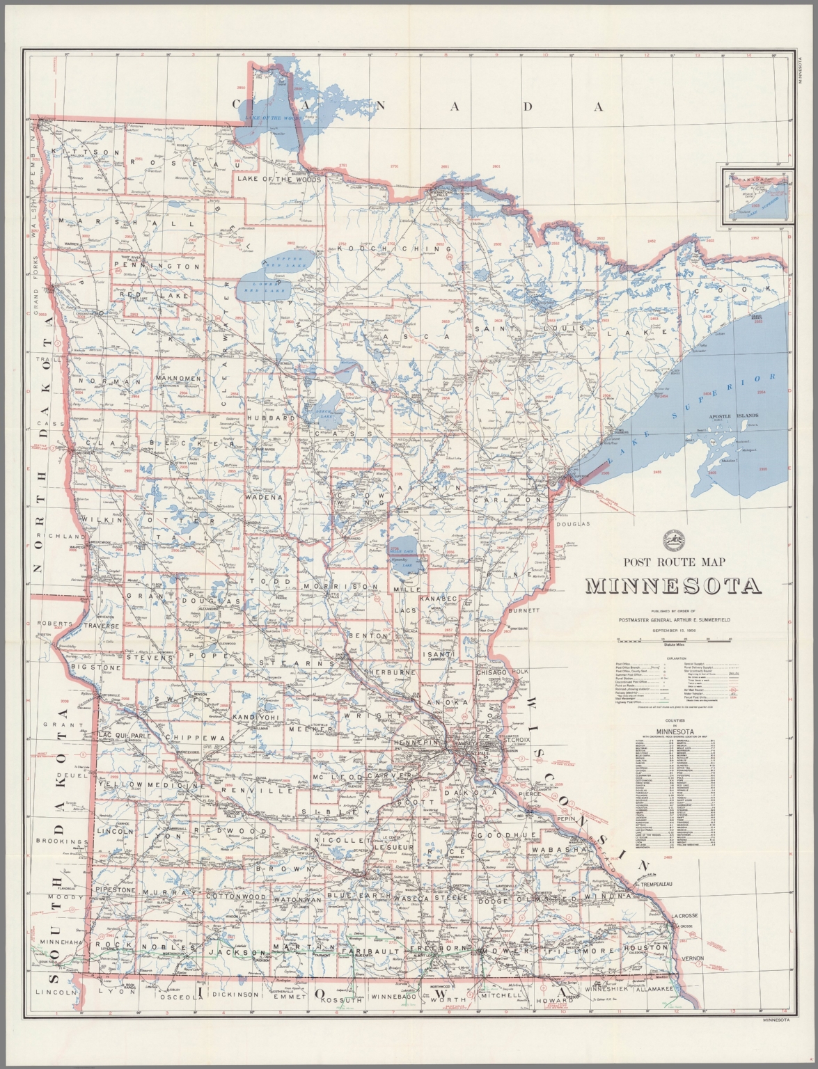 Post Route Map of the State of Minnesota Showing Post Offices ...