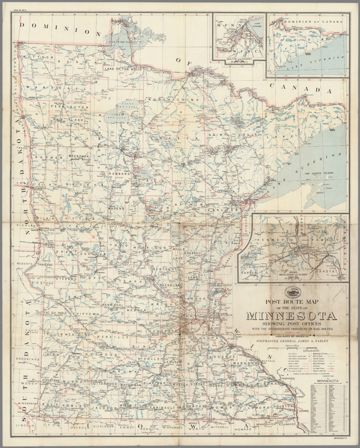 Post Route Map of the State of Minnesota Showing Post Offices ...