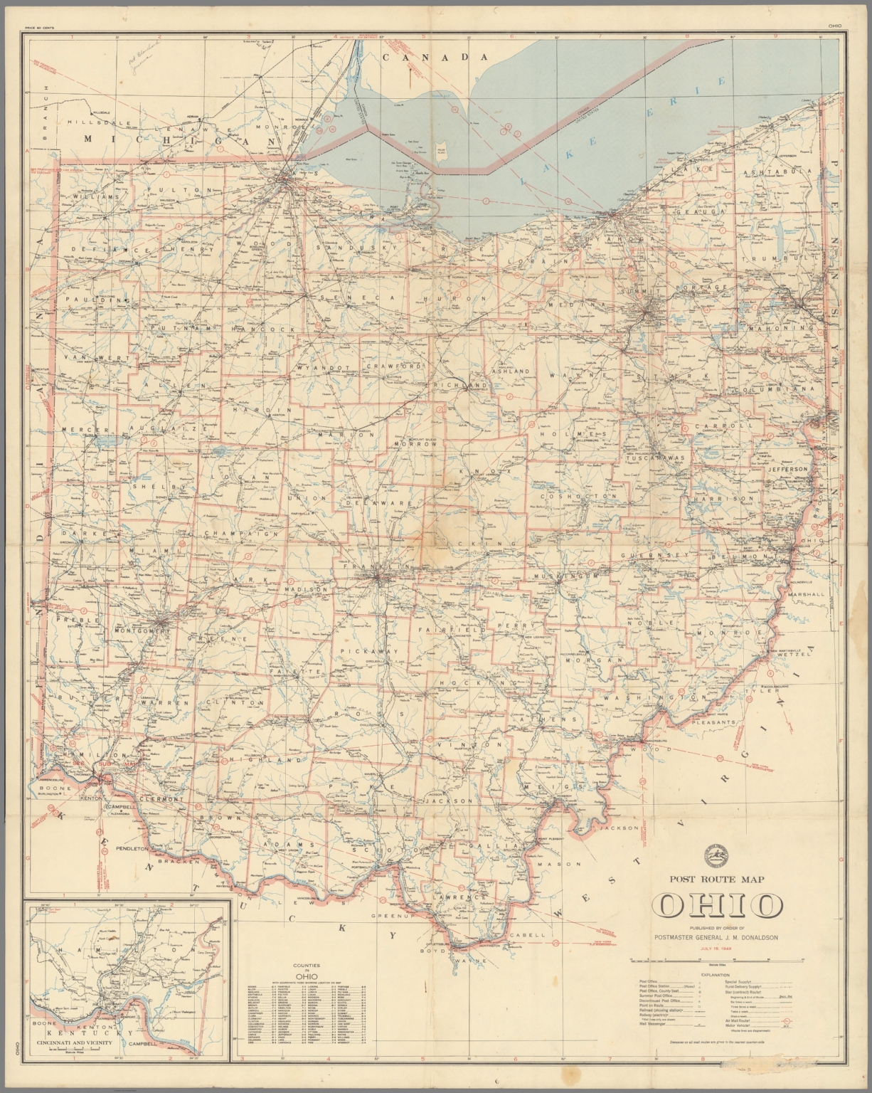 Post Route Map of the State of Ohio Showing Post Offices ... July 15 ...
