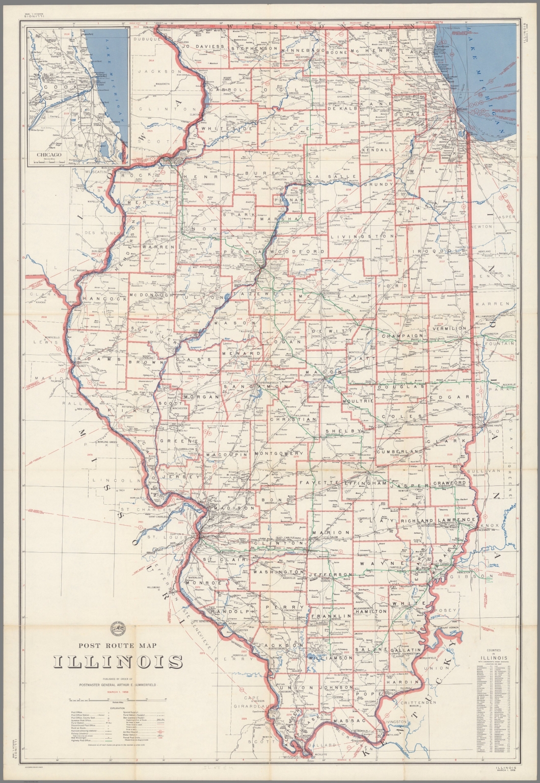 Post Route Map of the State of Illinois Showing Post Offices ... March ...