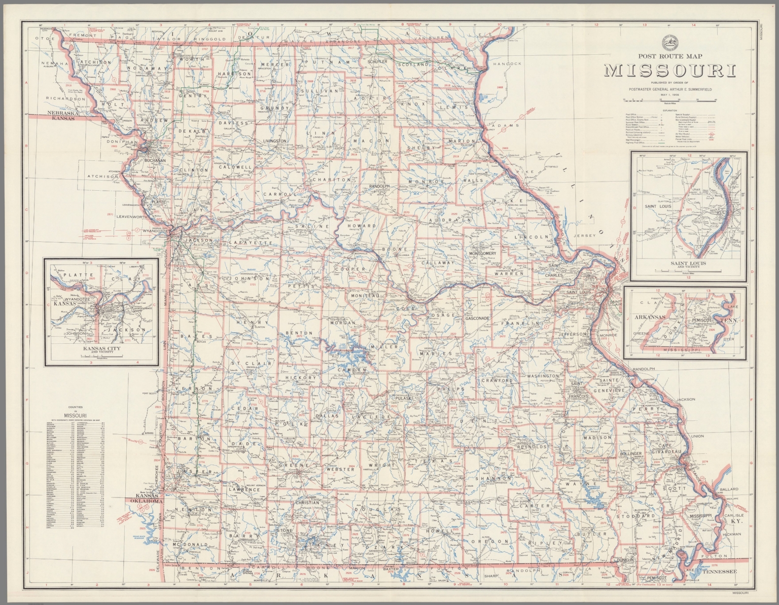Post Route Map of the State of Missouri Showing Post Offices ... May 1 ...