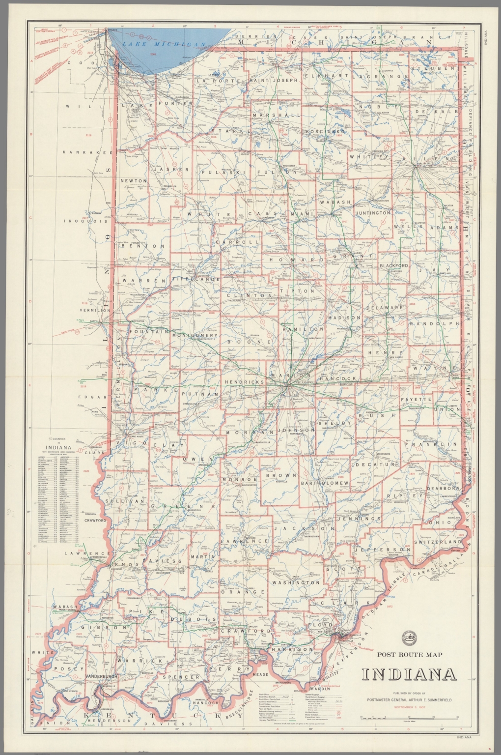Post Route Map of the State of Indiana Showing Post Offices ...