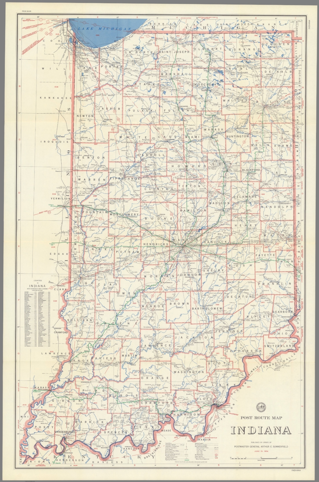 Post Route Map of the State of Indiana Showing Post Offices ... June 15 ...