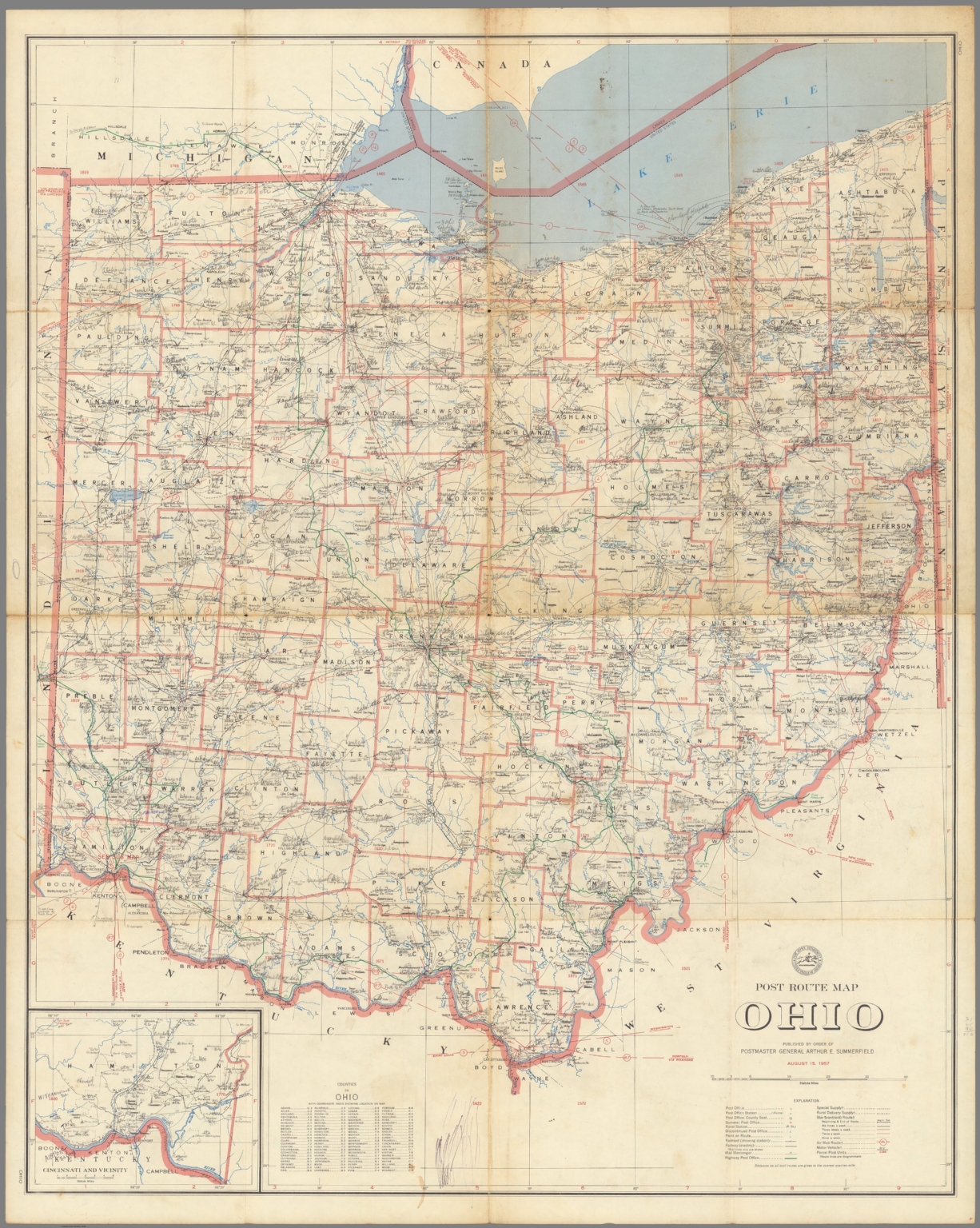 Post Route Map of the State of Ohio Showing Post Offices ... August 15 ...