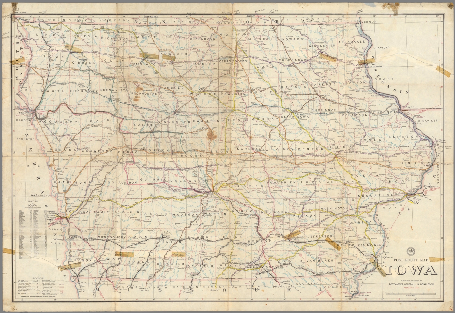 Post Route Map of the State of Iowa Showing Post Offices ... February 1 ...