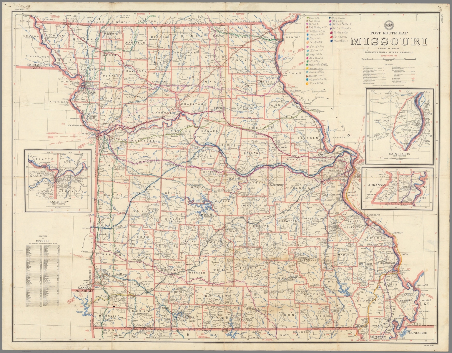Post Route Map of the State of Missouri Showing Post Offices ...
