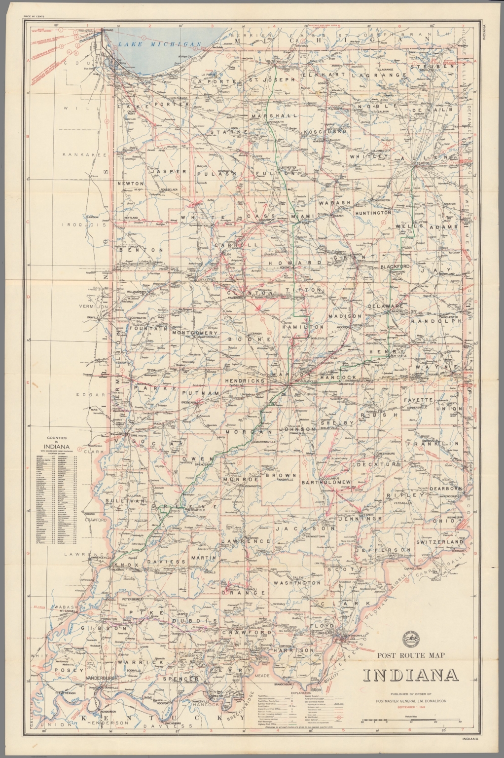 Post Route Map of the State of Indiana Showing Post Offices ...
