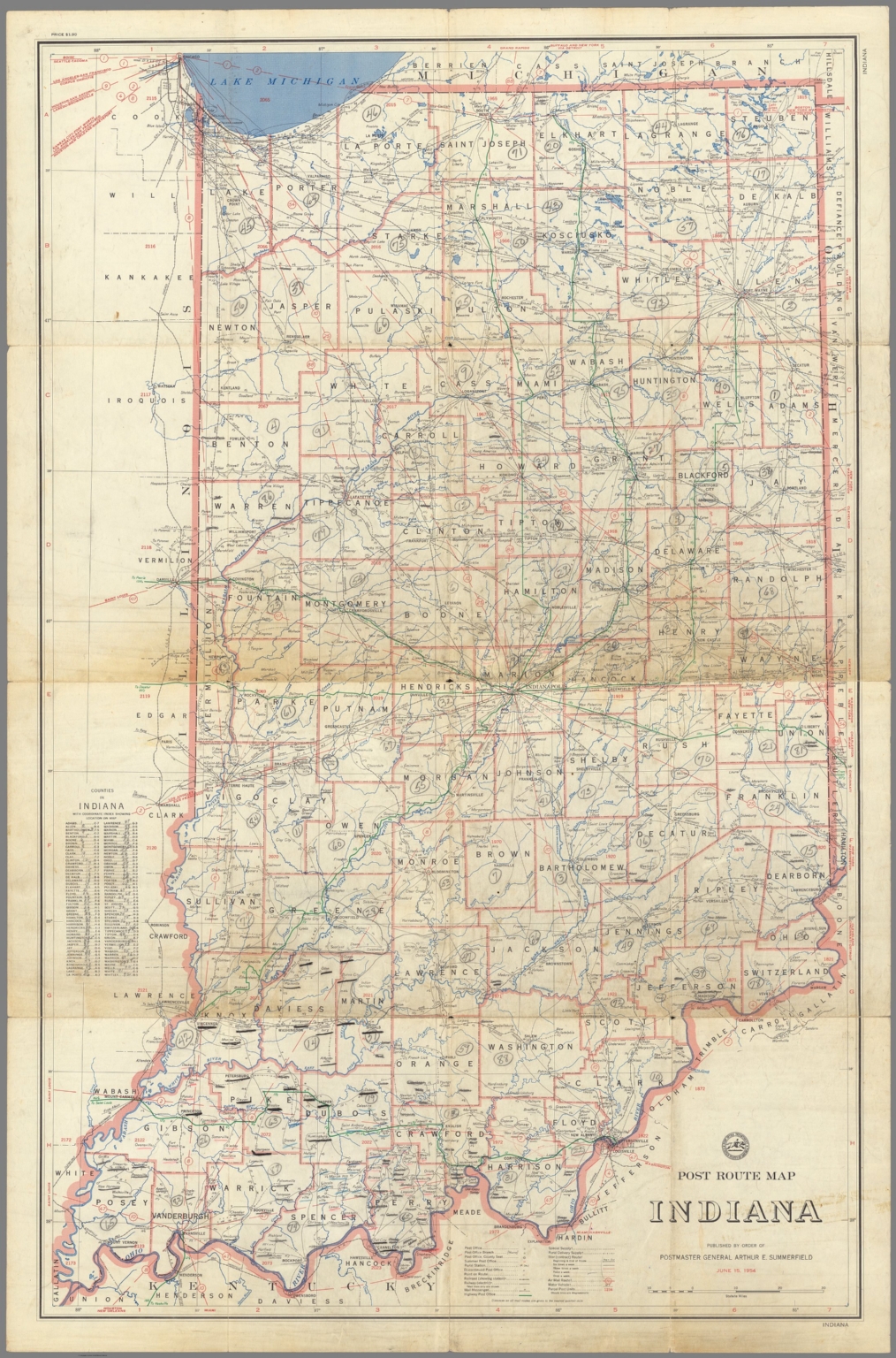Post Route Map of the State of Indiana Showing Post Offices ... June 15 ...