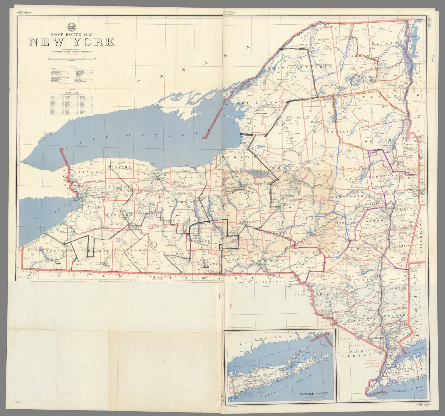 Post Route Map of the State of New York Showing Post Offices ... April ...
