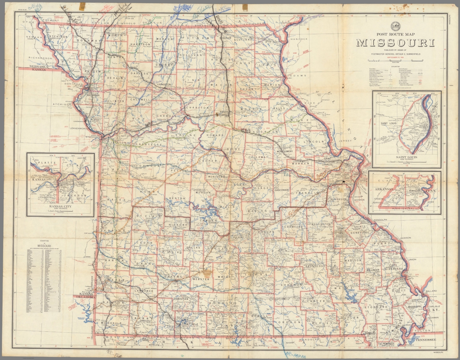 Post Route Map of the State of Missouri Showing Post Offices ...