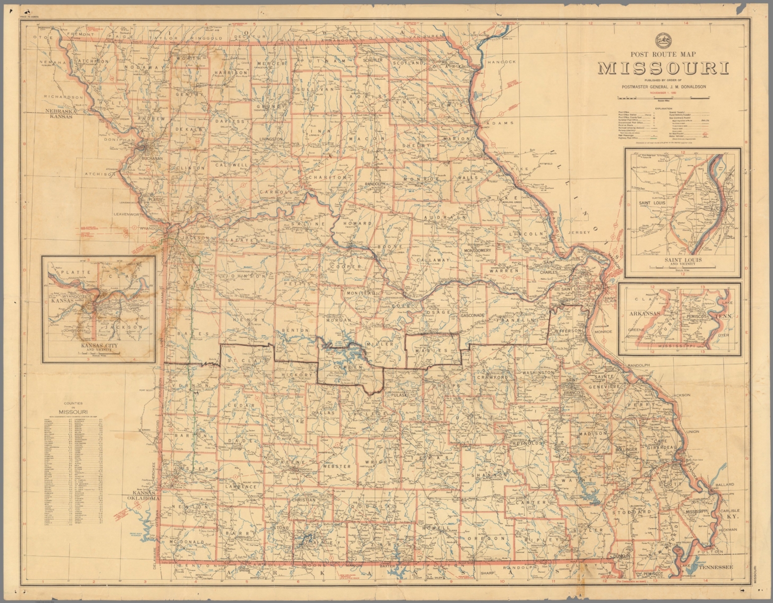 Post Route Map of the State of Missouri Showing Post Offices ...
