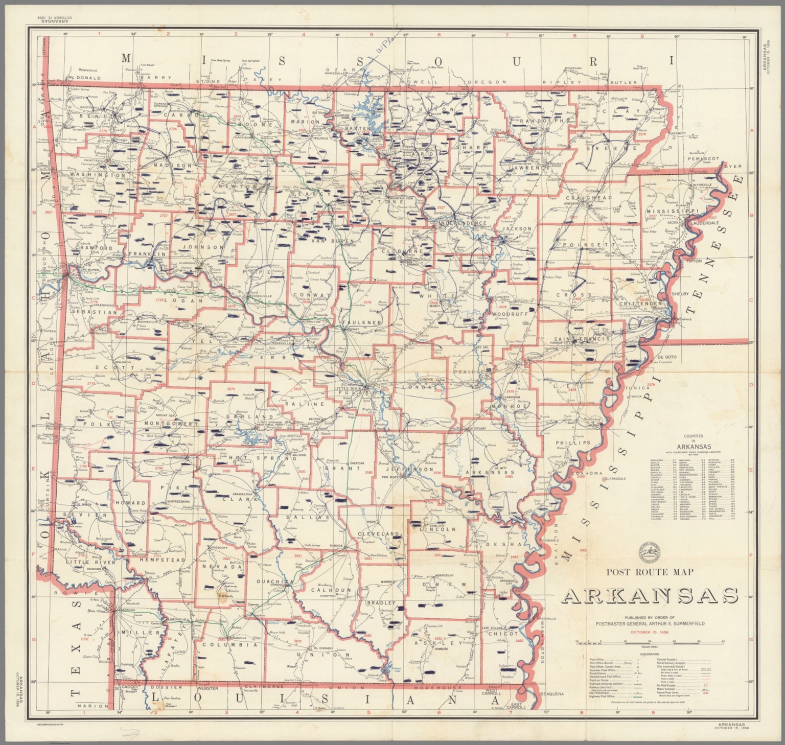 Post Route Map of the State of Arkansas Showing Post Offices ...