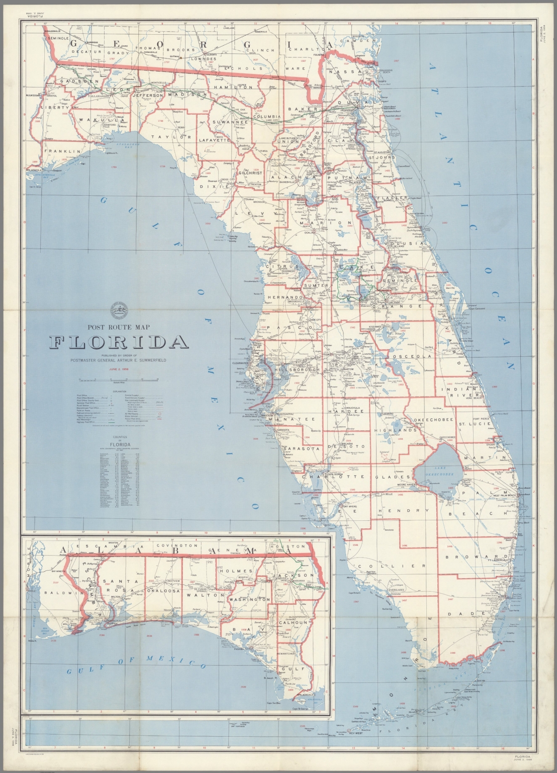 Post Route Map of the State of Florida Showing Post Offices ... June 2 ...