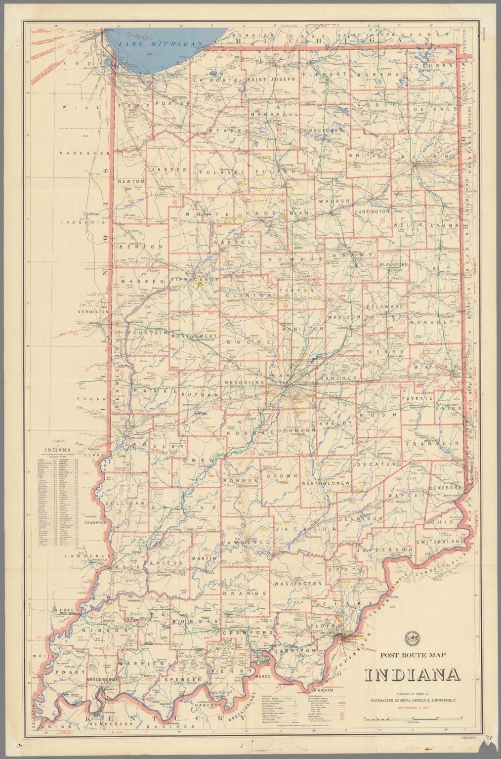 Post Route Map of the State of Indiana Showing Post Offices ...