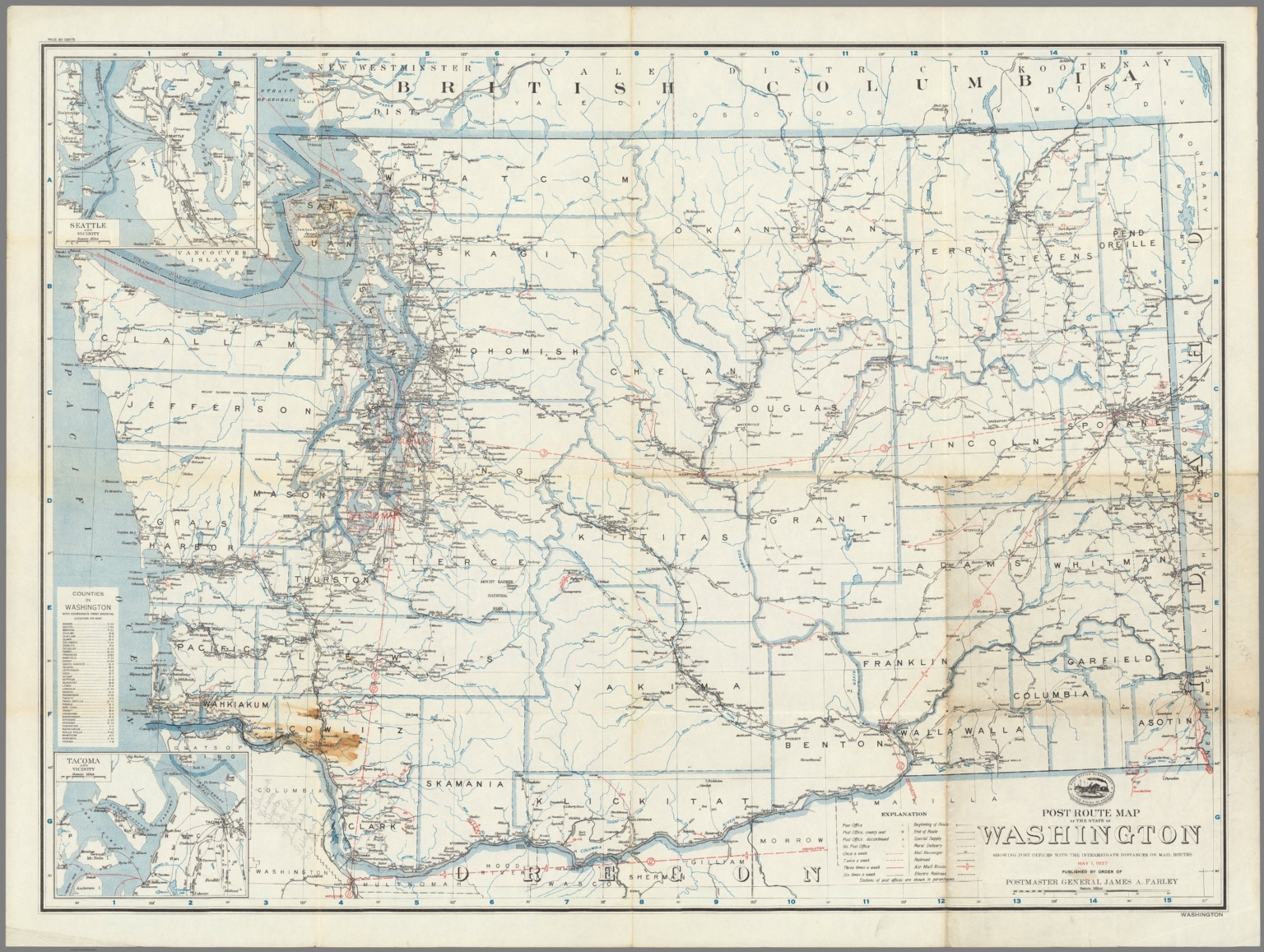 Post Route Map of the State of Washington Showing Post Offices ... May ...