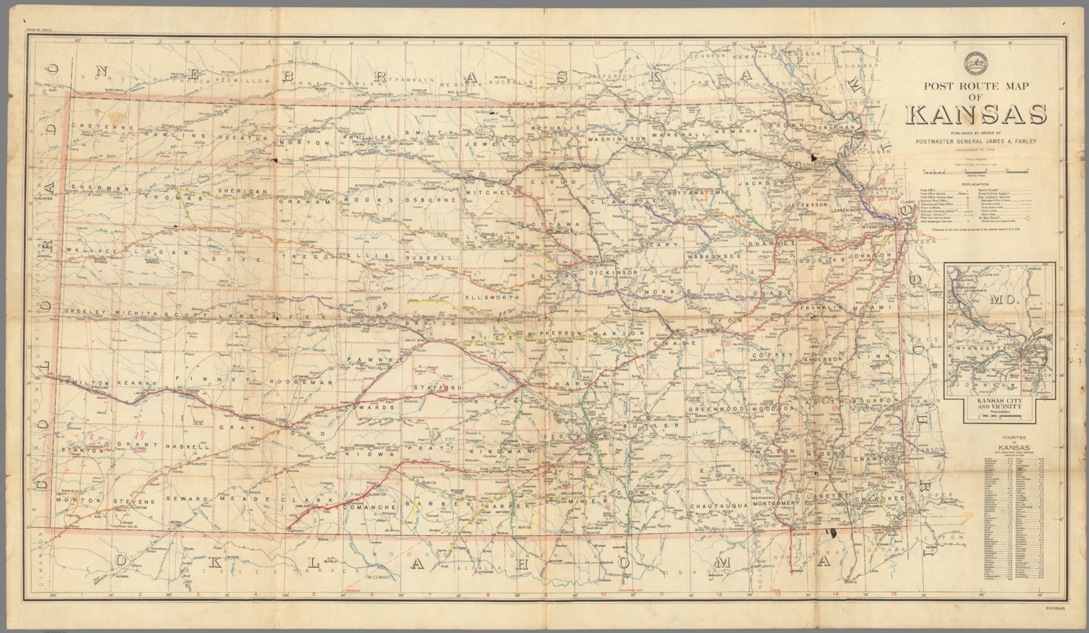 Post Route Map of the State of Kansas Showing Post Offices ... November ...