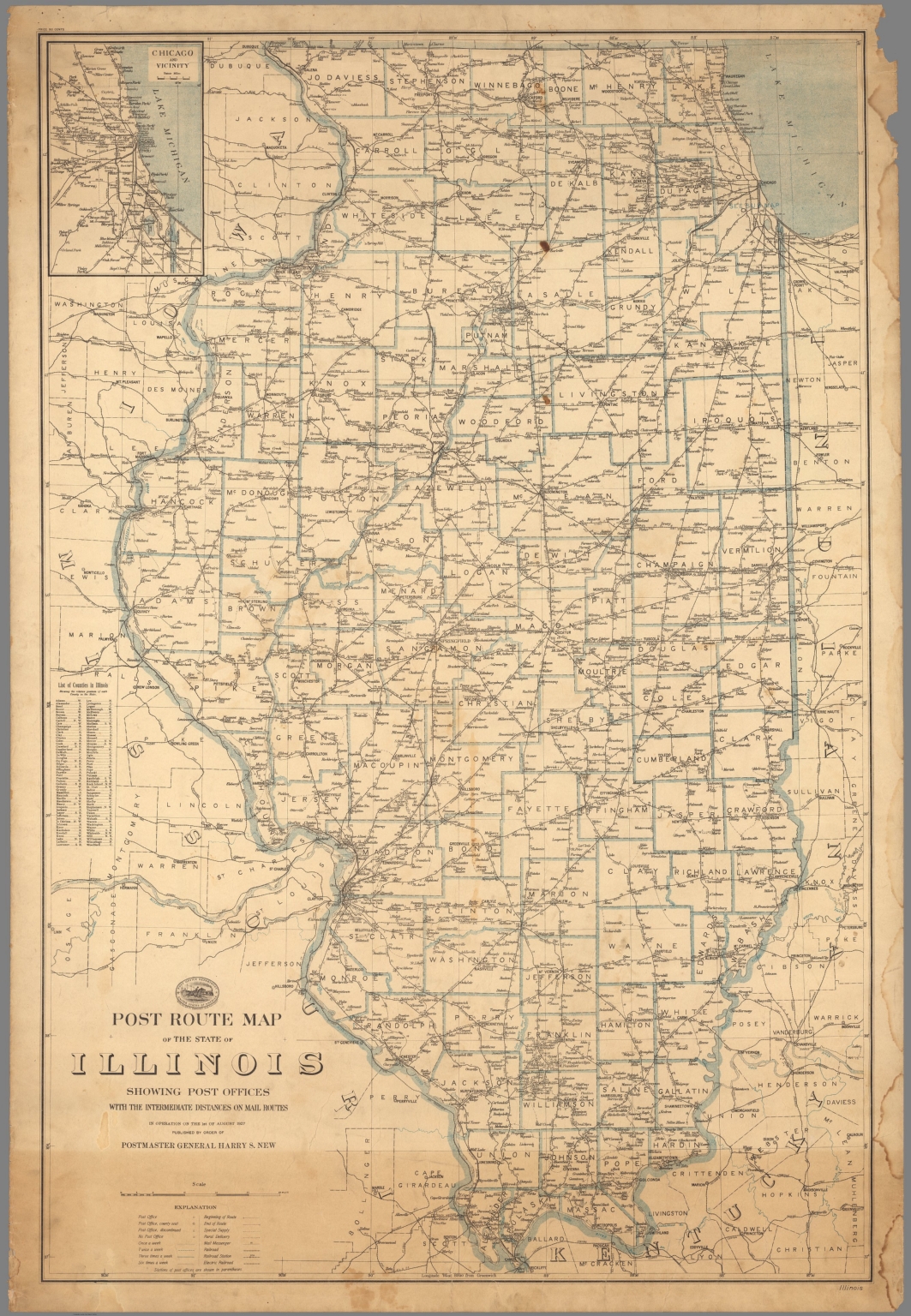 Post Route Map of the State of Illinois Showing Post Offices ... August ...