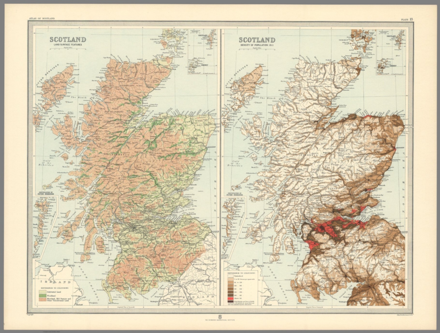 Plate 13. Scotland. Land Surface Features. Density of Population 1911 ...